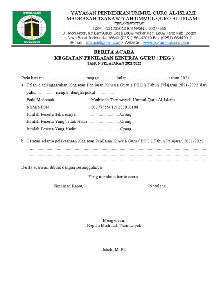 Berita Acara Kegiatan PKG 2021 | PDF
