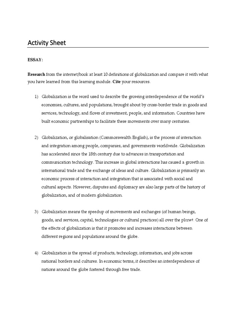 Activity Sheet: Essay | PDF | Globalization | Economies