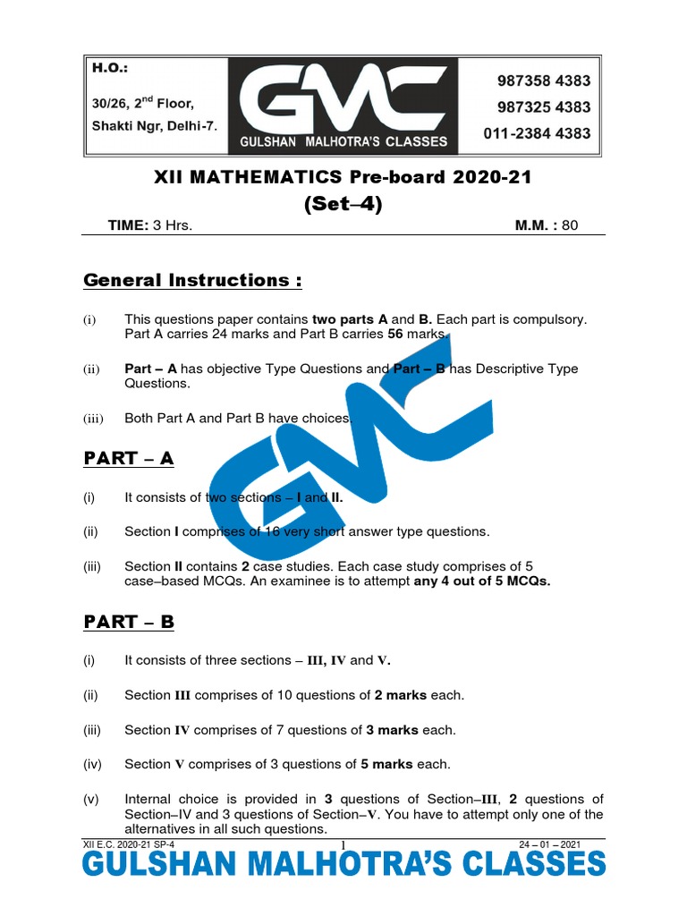 XII Maths Preboard 2020-21 SP-4 | PDF | Equations | Trigonometric Functions
