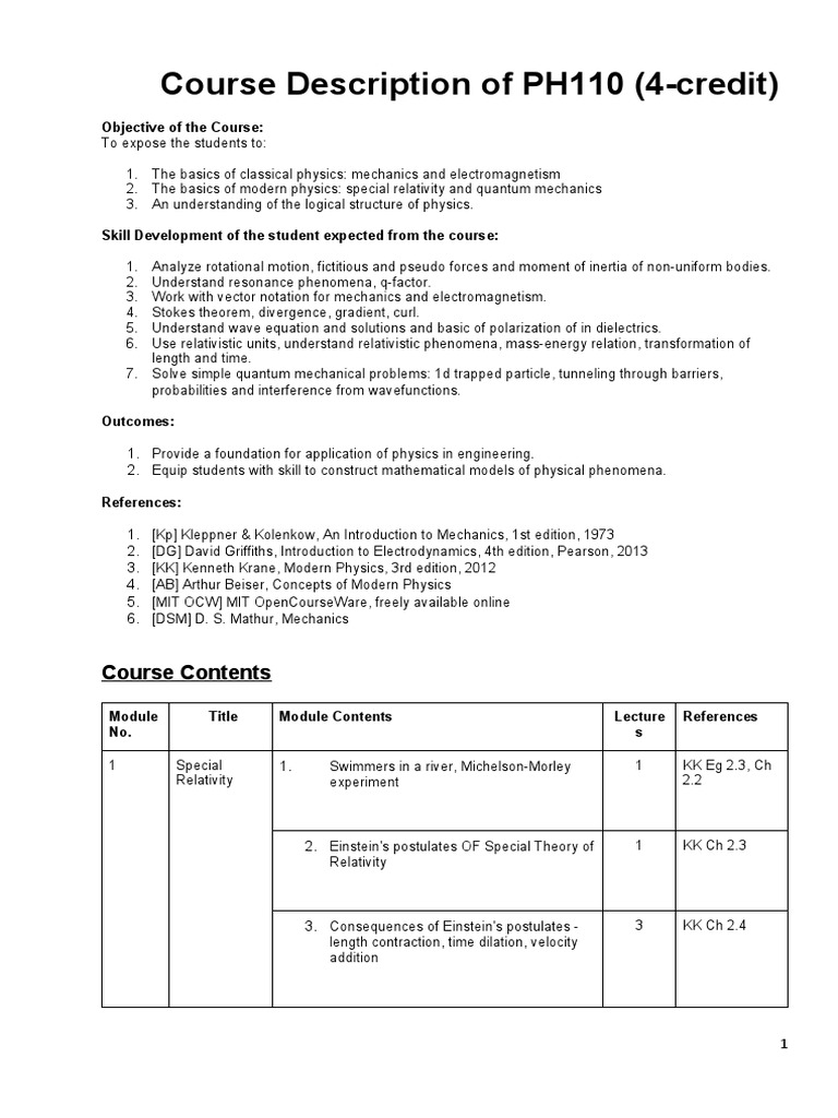 Course Description of PH110 (4-Credit) | PDF | Special Relativity | Waves