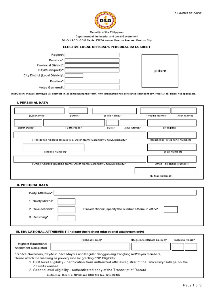 Elective Local Official'S Personal Data Sheet: Picture | PDF | Government