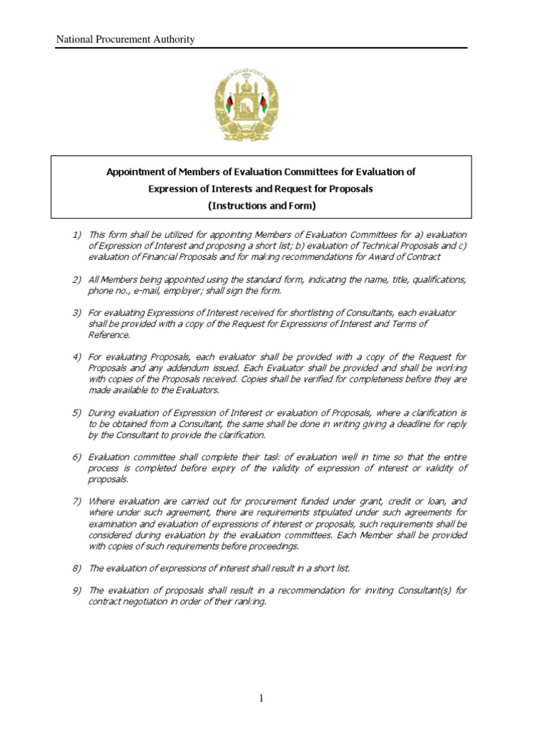 Appointment of Members of Evaluation Committees Request For Proposals ...
