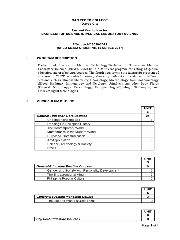 San Pedro College BS in Medical Laboratory Science Curriculum ...