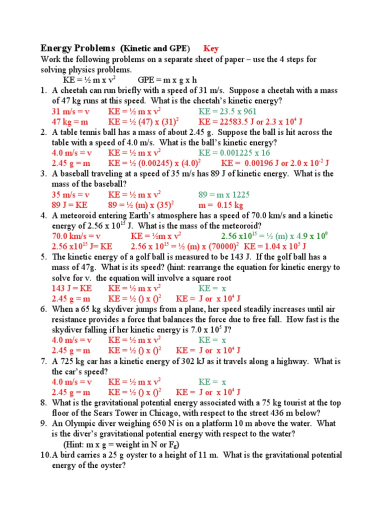 Energy Problems Key | PDF | Gravity | Potential Energy