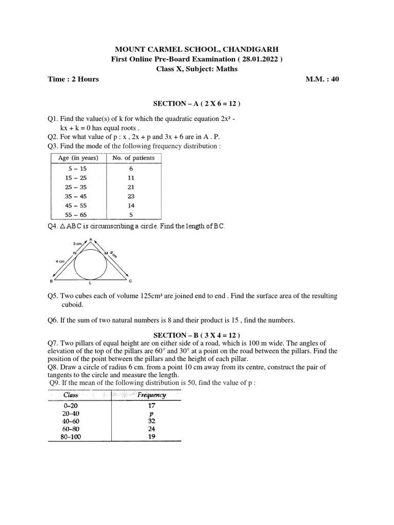 CLASS 10 Maths (28.1.22) (New Pattern) | PDF | Circle | Area
