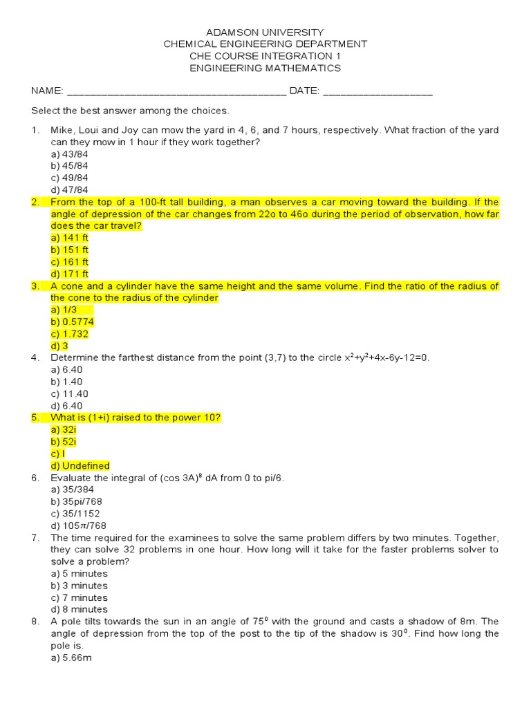 Engineering Mathematics Exam Questions | PDF | Ellipse | Sphere