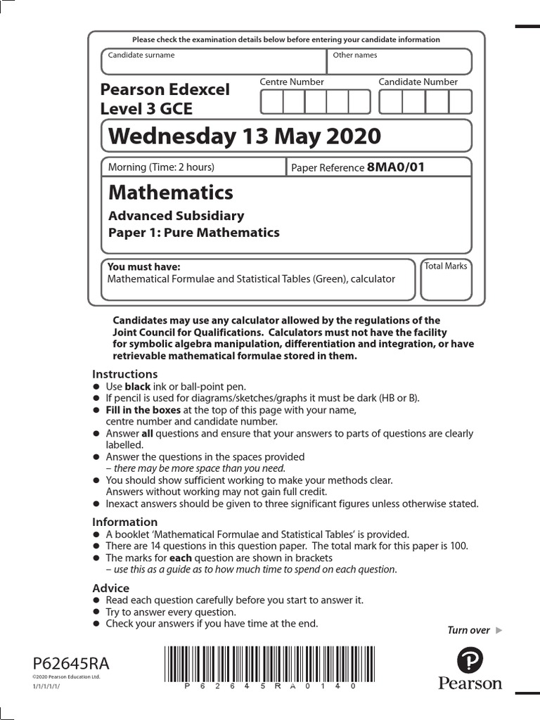 Edexcel As October 2020 Maths Paper 1 | PDF | Mathematics ...