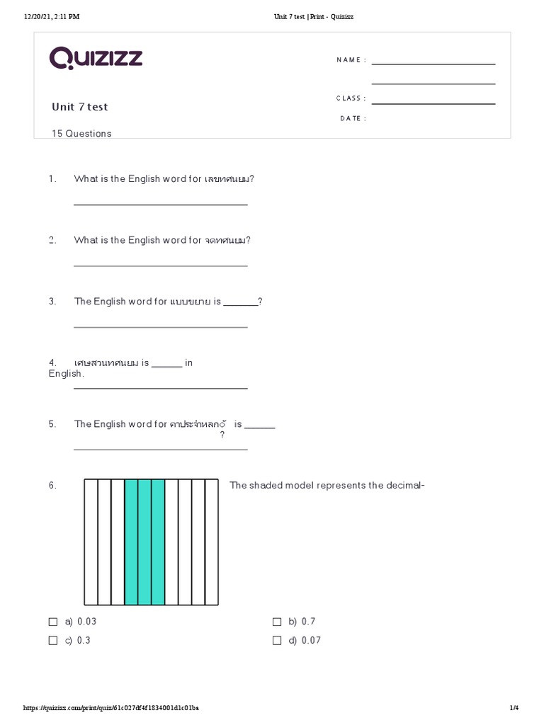 Unit 7 Decimal Test Questions & Answers | PDF | Decimal | Notation