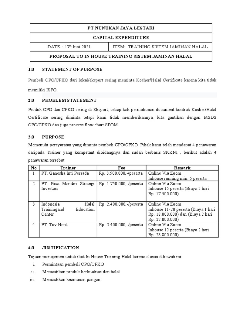 Proposal in House Training Penerapan SJH | PDF