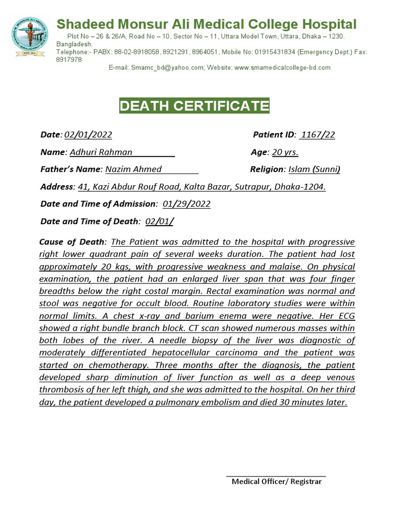 Death Certificate | PDF | Diseases And Disorders | Medical Specialties