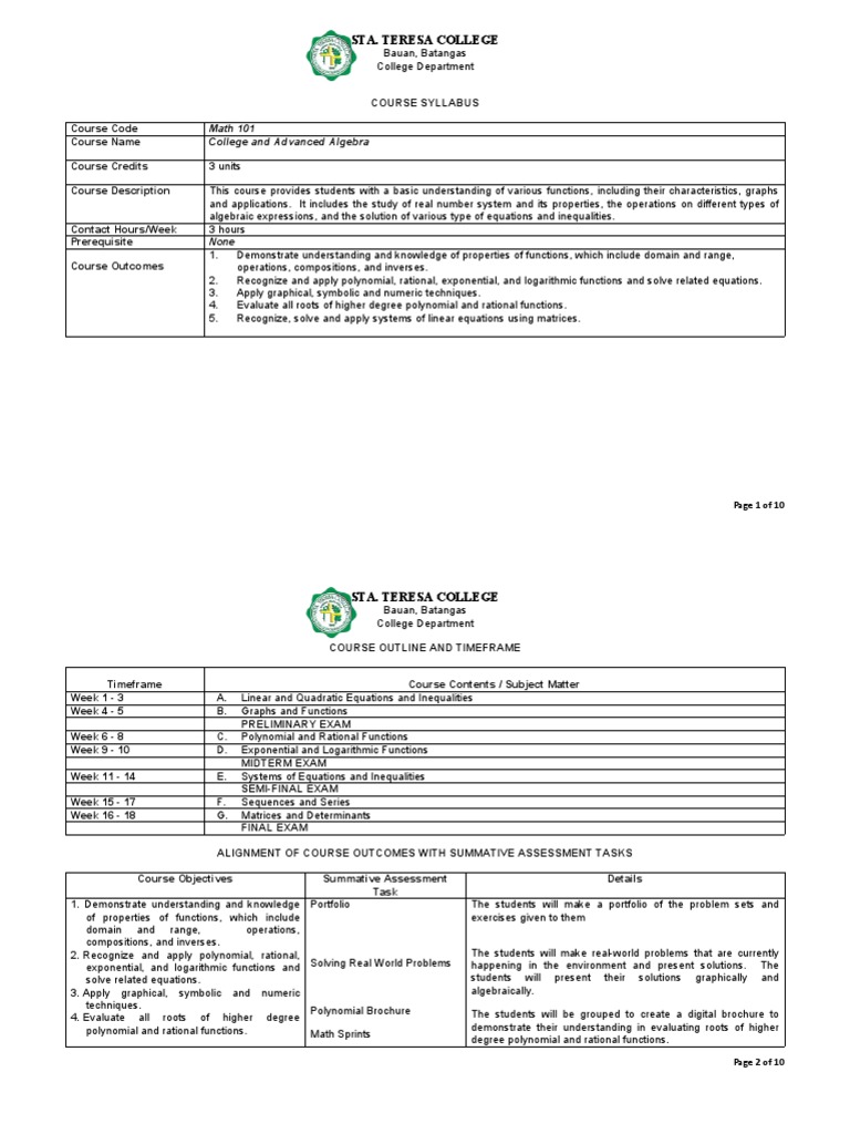 STA College Algebra Course Syllabus | PDF | Polynomial | Equations
