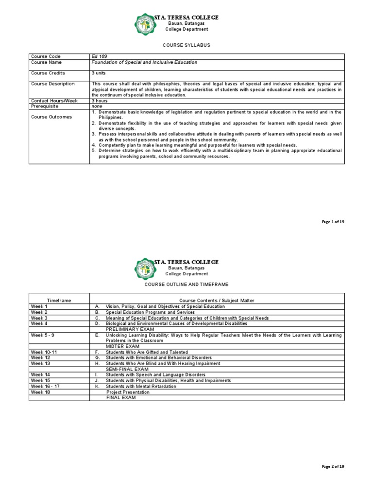 Foundations of Special Education Syllabus | PDF | Special Education ...