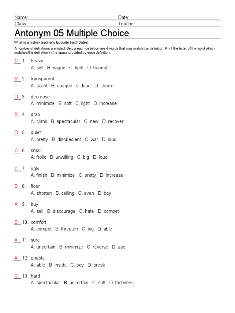 Antonym 05 Multiple Choice - Key | PDF