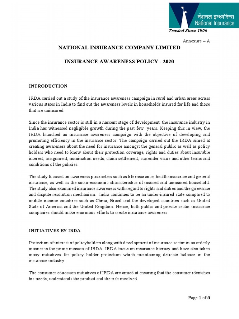 National Insurance Awareness Policy 2020 | PDF | Insurance | Social Media