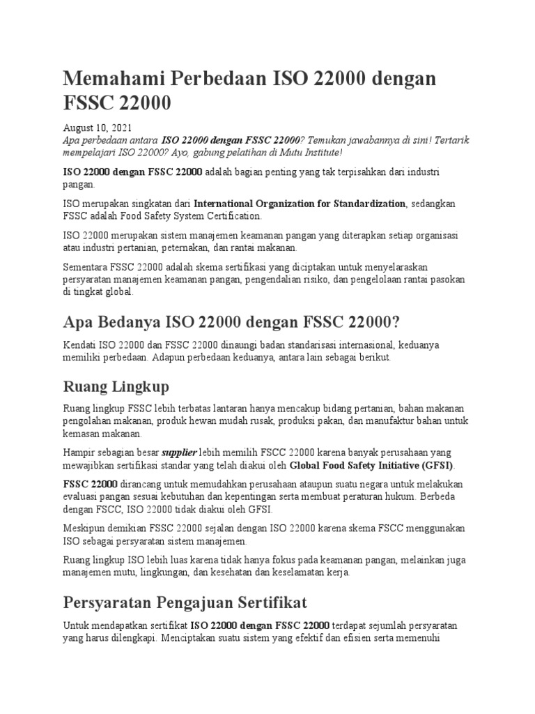 Memahami Perbedaan ISO 22000 Dengan FSSC 22000 | PDF