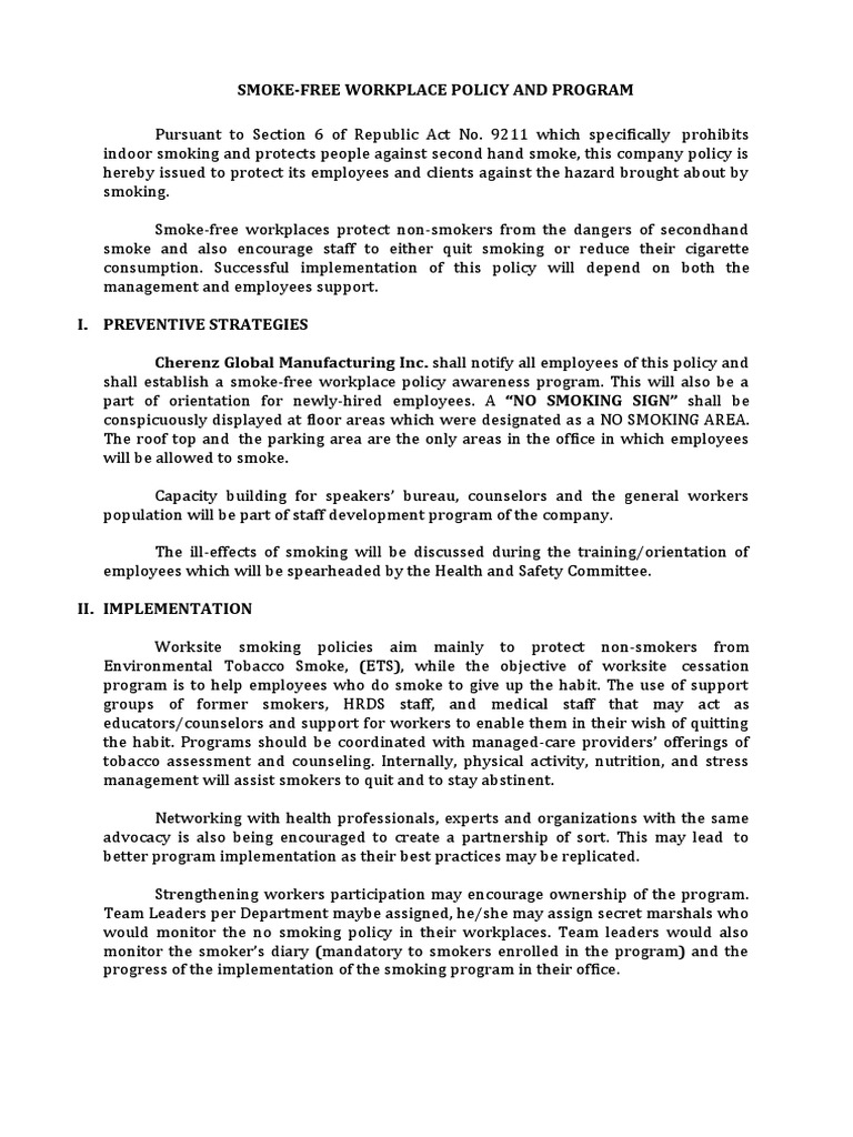 Smoke-Free Workplace Policy and Program | PDF | Smoking | Smoke