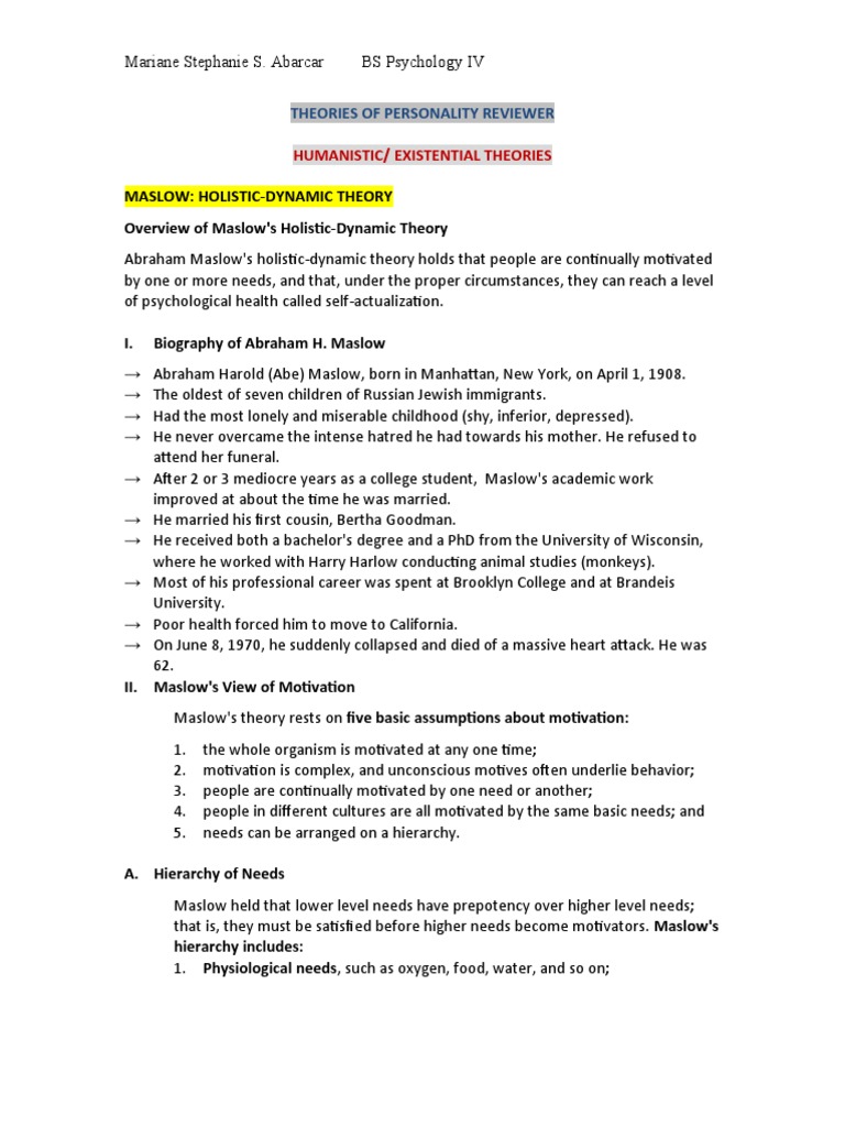 Maslow: Holistic-Dynamic Theory Overview of Maslow's Holistic-Dynamic Theory | PDF | Self ...