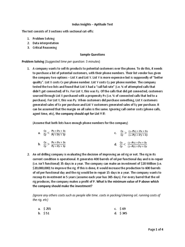 Indus Insights - Sample Questions For Online Test | PDF | Hunting ...