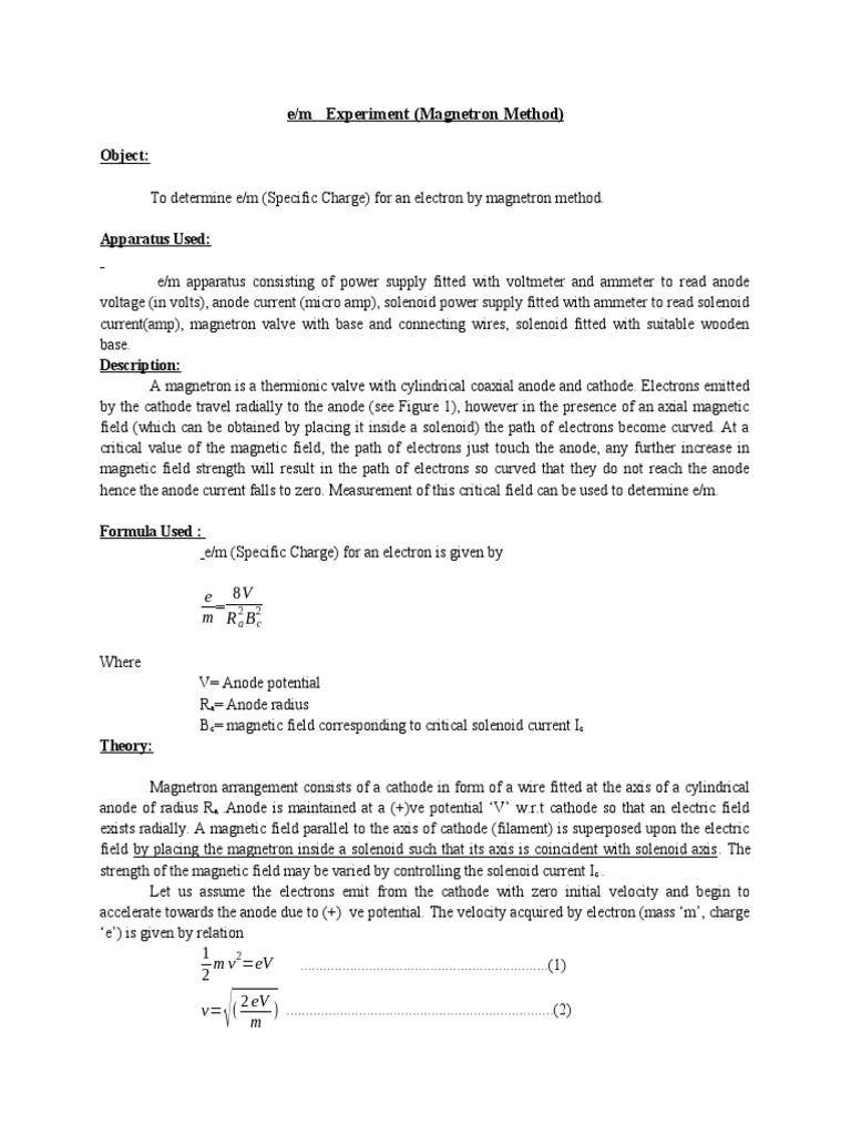 E/m Experiment (Magnetron Method) : Object | PDF | Electron | Cathode