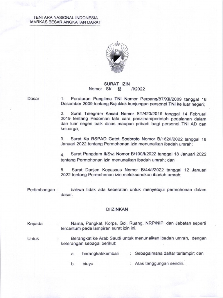 0052 SI 8 TTG Surat Izin Ibadah Umrah A.N. Kapten Inf Suhartono DKK 5 Orang | PDF
