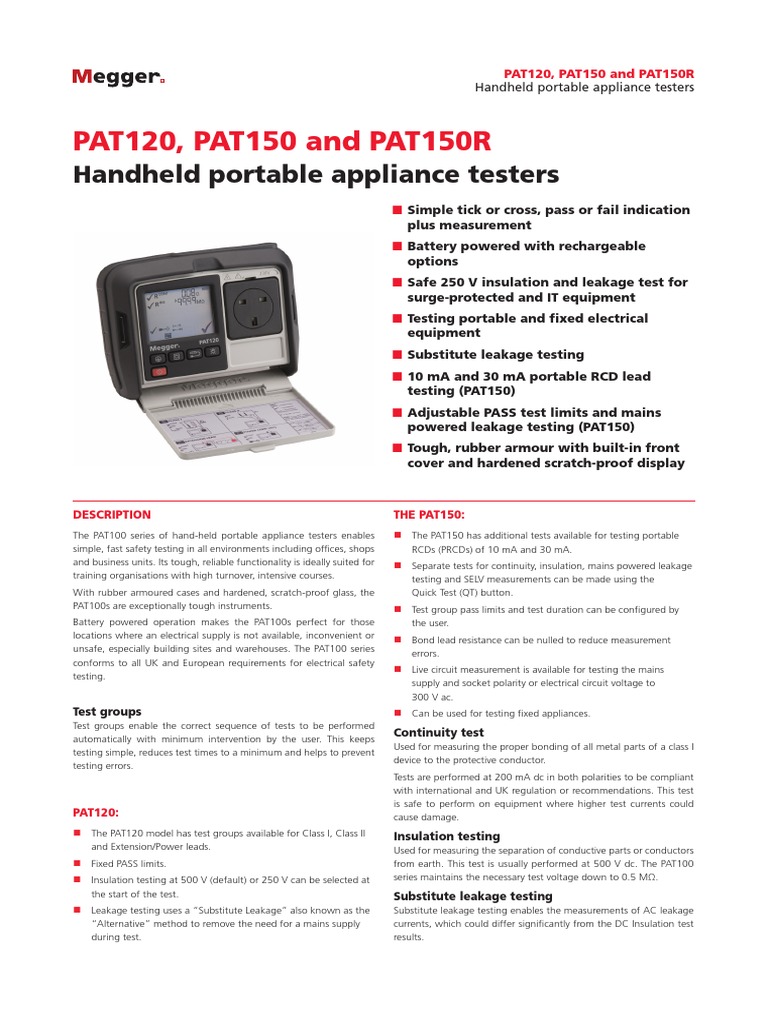 Megger Pat120 Pat150 Pat150r Pat Tester Datasheet | PDF | Mains ...