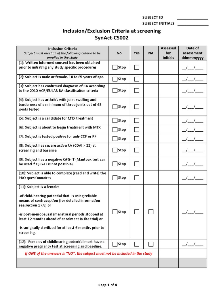 TPA Inclusion/Exclusion Criteria Checklist | PDF | Clinical Medicine ...