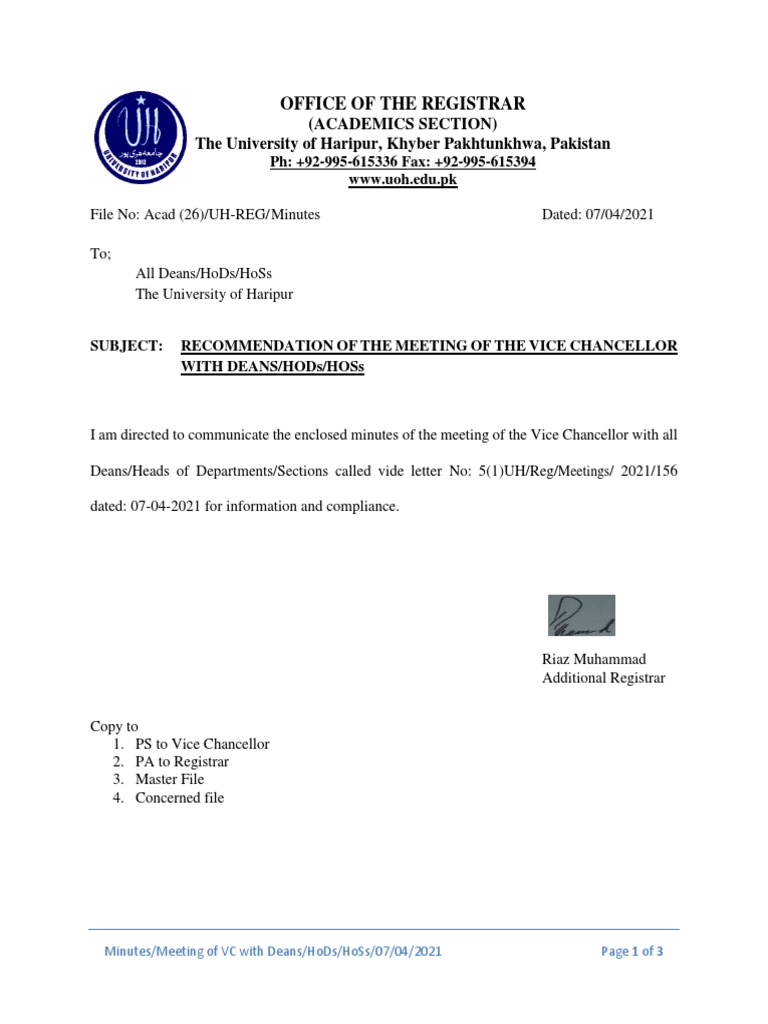 Office of The Registrar: (Academics Section) The University of Haripur ...