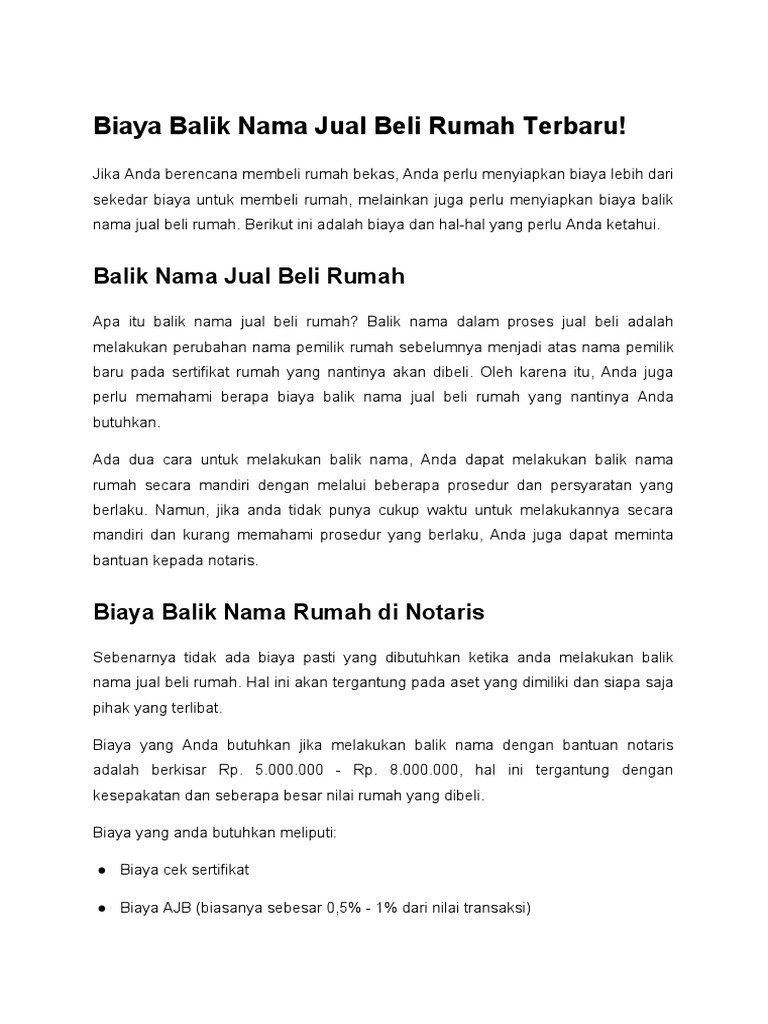 Biaya Balik Nama Rumah Terbaru | PDF