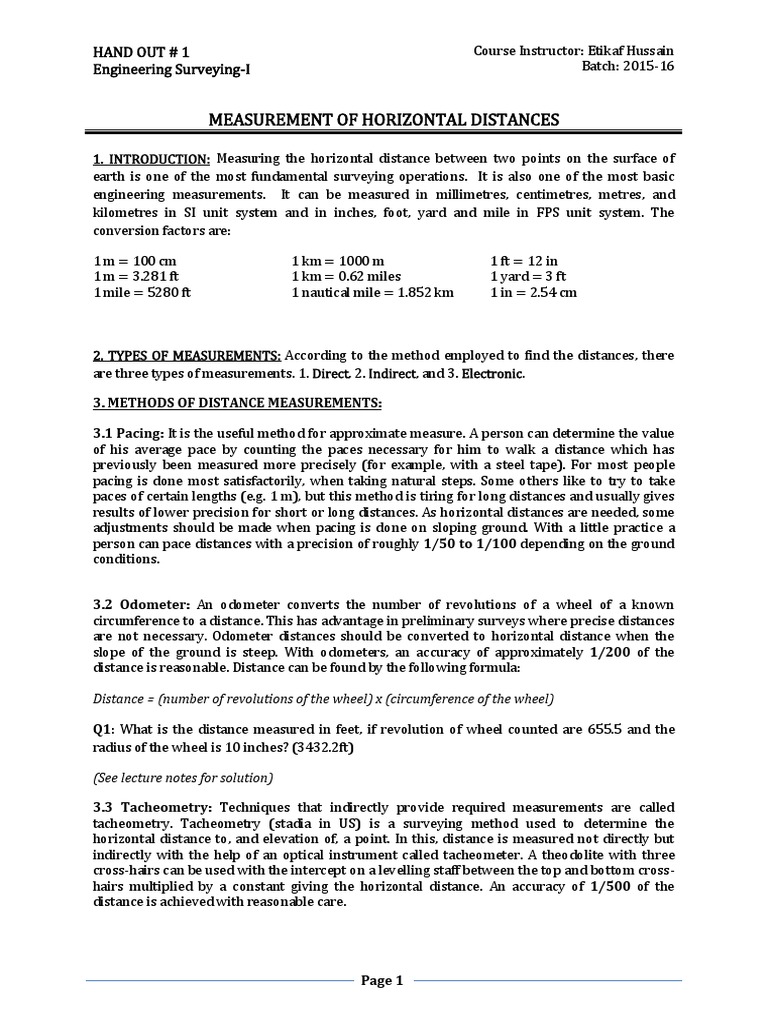 Handout 1 Measurement of Horizontal Distances 1 | PDF | Measurement ...