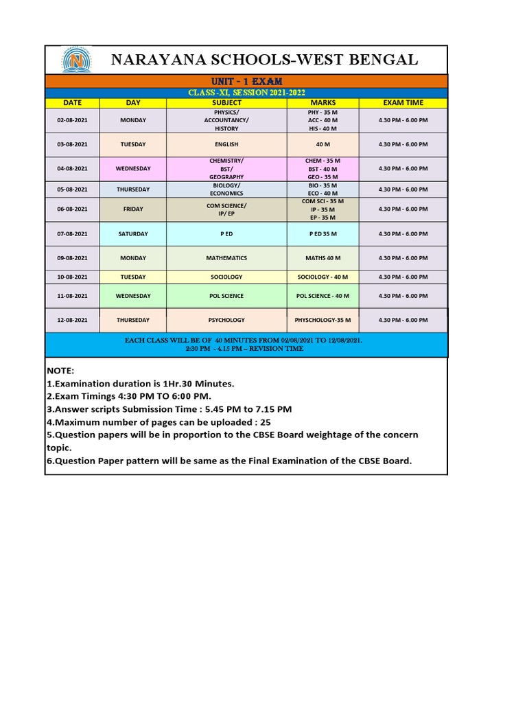 Class 11 Exam Timetable 2021-22 | PDF