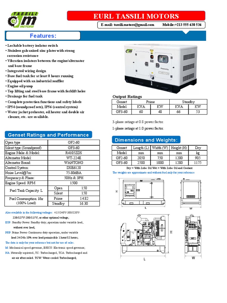 Specification Sheet for a 60 KVA Diesel Generator Set with Technical ...