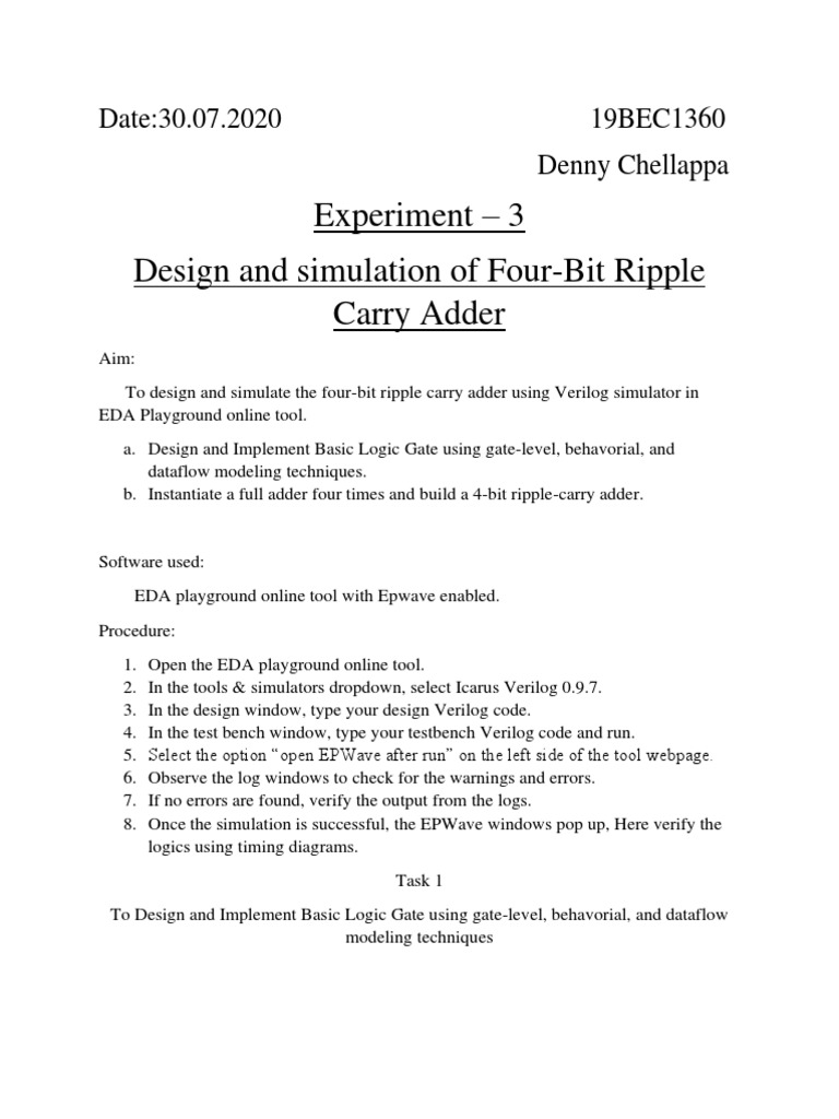 Experiment - 3 Design and Simulation of Four-Bit Ripple Carry Adder | PDF | Information Age ...