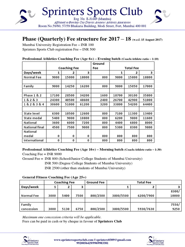 Sprinters Sports Club: Phase (Quarterly) Fee Structure For 2017 - 18 | PDF