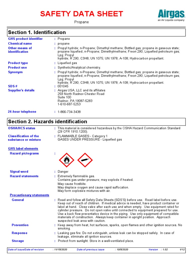 Safety Data Sheet: Section 1. Identification | PDF | Propane | Radioactive Decay