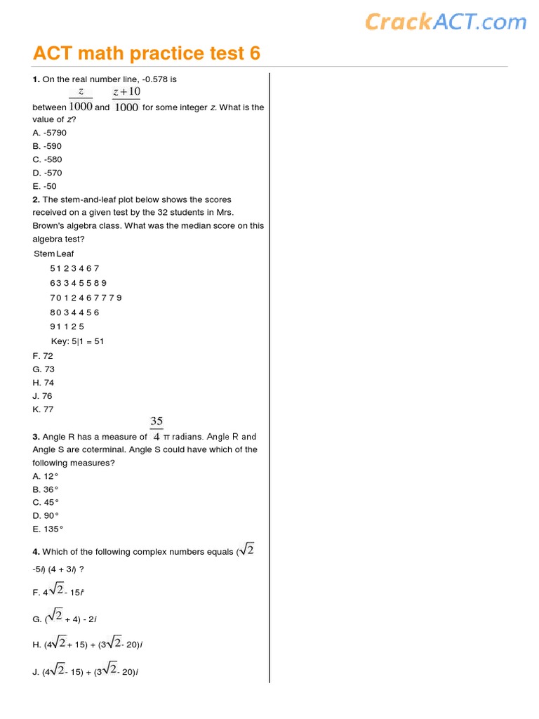 ACT Math Practice Test 6: 1. On The Real Number Line, - 0.578 Is | PDF ...