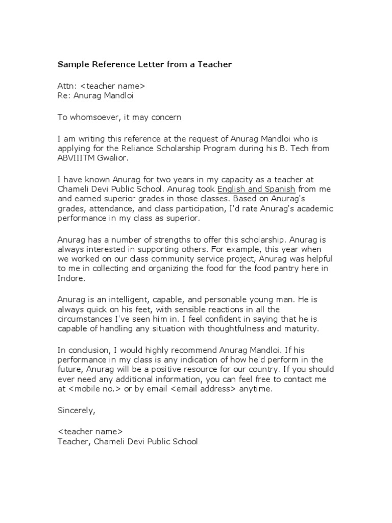 Recommendation Letter From Teacher Template 01 | PDF