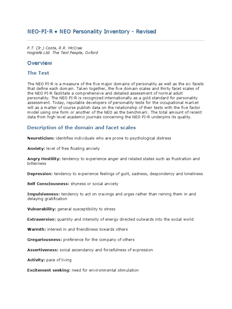 NEO-PI-R - NEO Personality Inventory - Revised: The Test | PDF ...