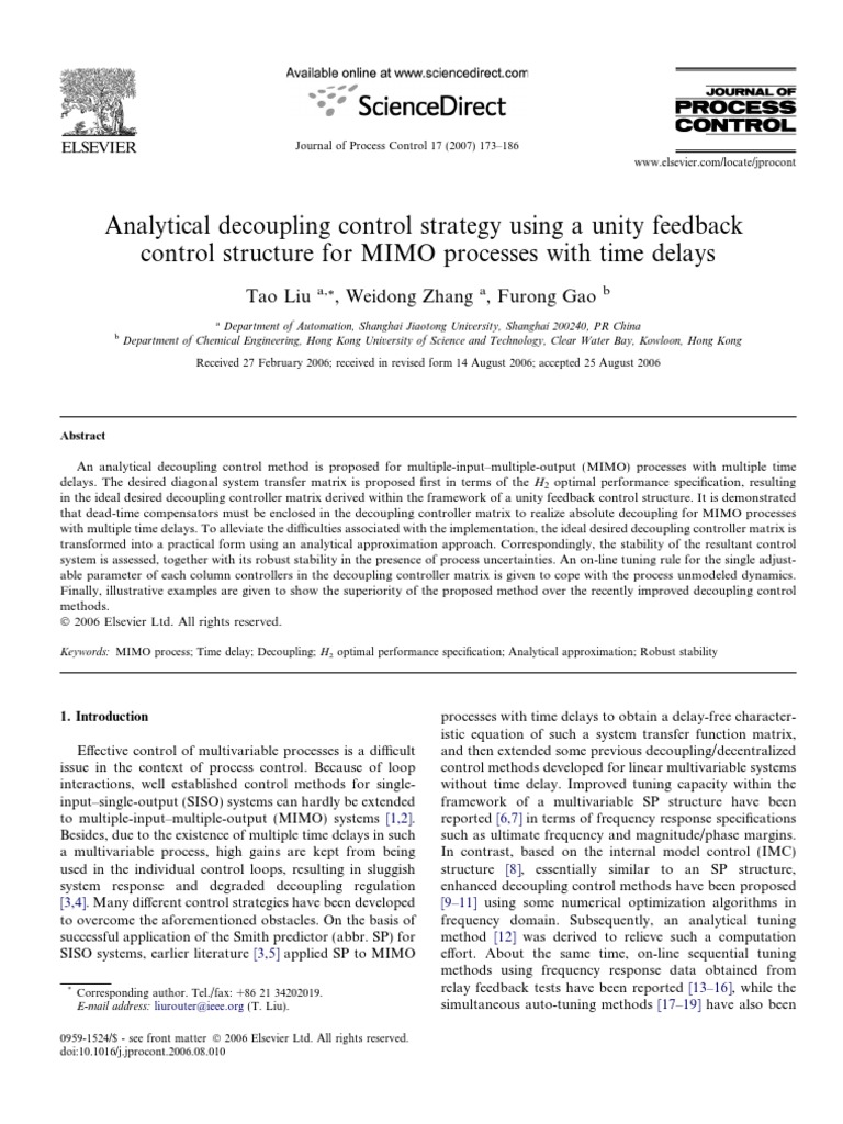 Analytical Decoupling Control Strategy Using A Unity Feedback Control Structure For MIMO ...