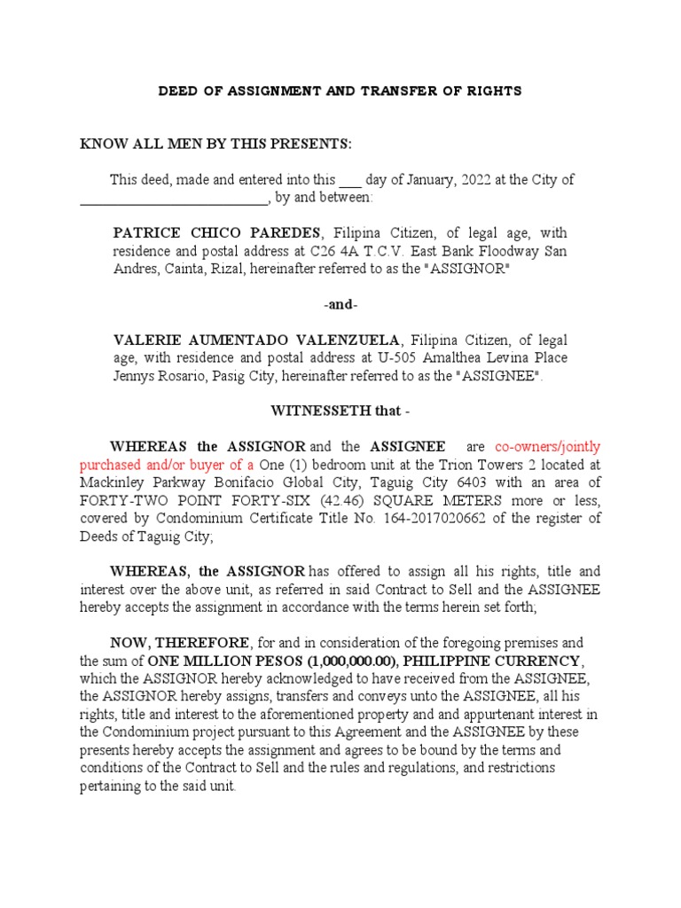 Deed of Assignment and Transfer of Rights | PDF | Assignment (Law ...