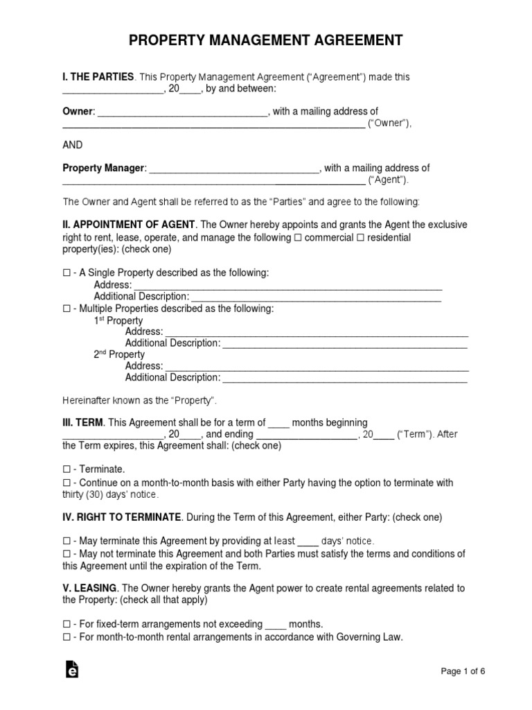Property Management Agreement: Page 1 of 6 | PDF | Lease | Leasehold Estate