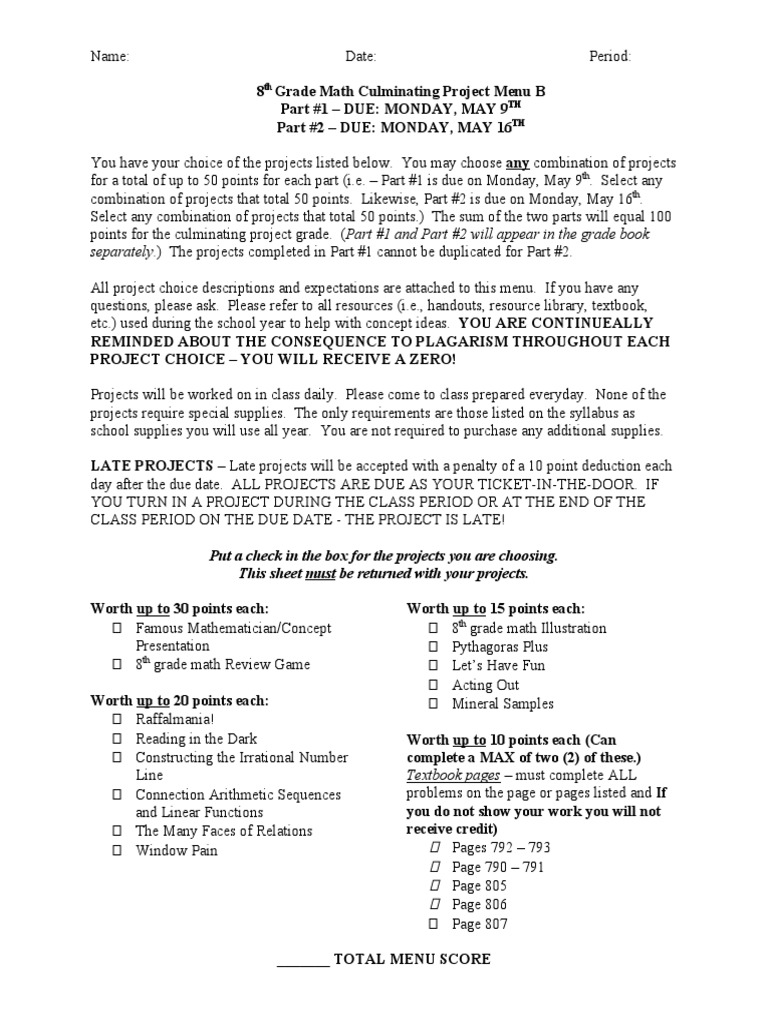 8th Grade Math Project Menu Guide | PDF | Area | Triangle