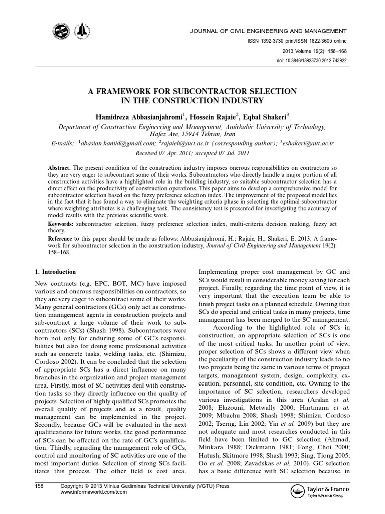 A Framework For Subcontractor Selection in The Con | PDF | Fuzzy Logic ...