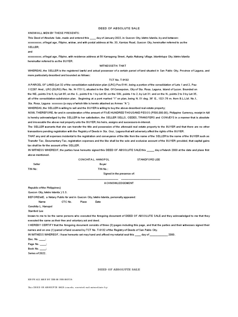 Deed of Sale Sample | PDF | Sales | Deed