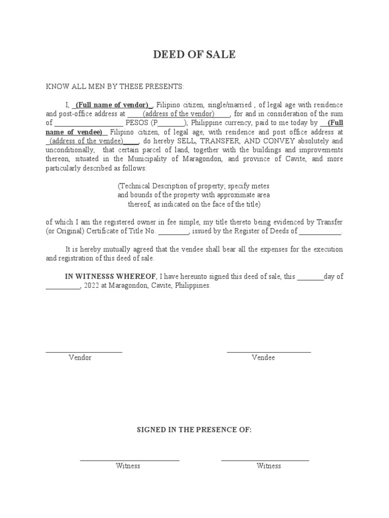 DEED OF SALE Sample | PDF | Deed | Private Law