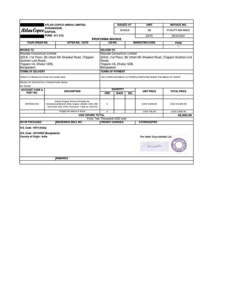 Unit Invoice No. Atlas Copco (India) Limited, Issued at Sveanagar ...