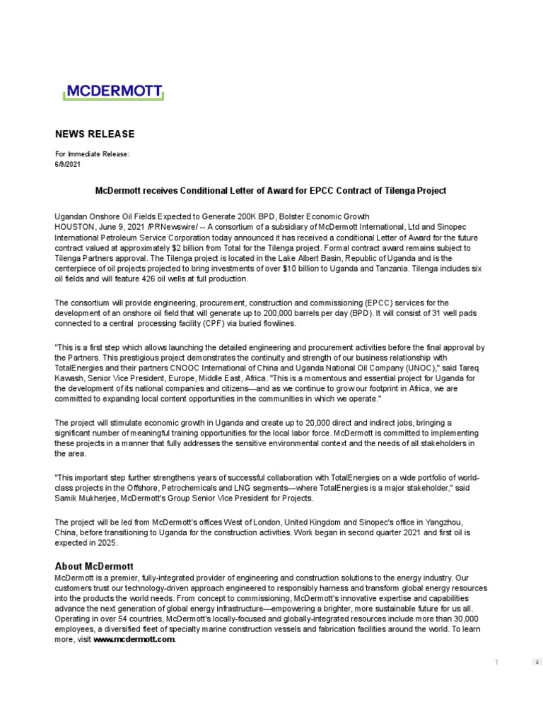 McDermott Receives Conditional Letter of Award For EPCC Contract of ...