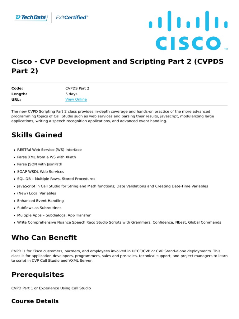 Cisco - CVP Development and Scripting Part 2 (CVPDS Part 2) : Course Details | PDF | Web Service ...