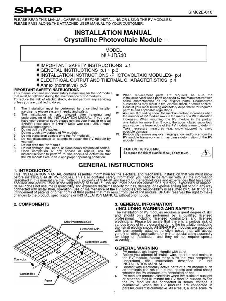 Installation Manual - Crystalline Photovoltaic Module - : NU-JD540 ...