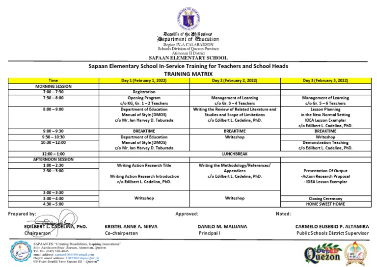 Sapaan ES INSET 2022 Training Matrix | PDF