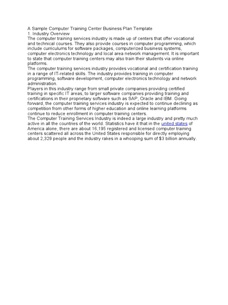 A Sample Computer Training Center Business Plan Template | PDF | Banks ...